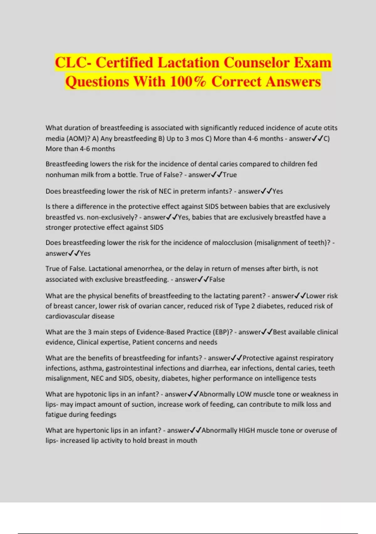 CLC- Certified Lactation Counselor Exam Questions With 100% Correct ...