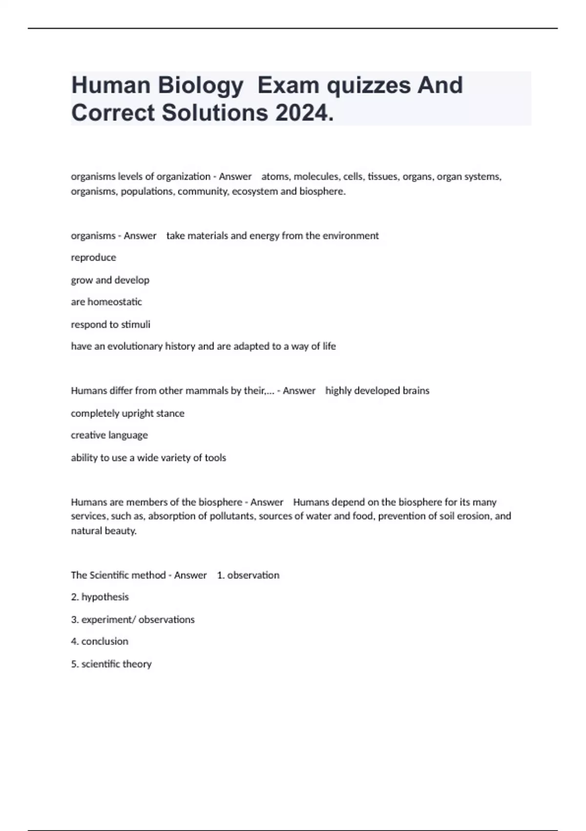 Human Biology Exam quizzes And Correct Solutions 2024. - Human biology ...