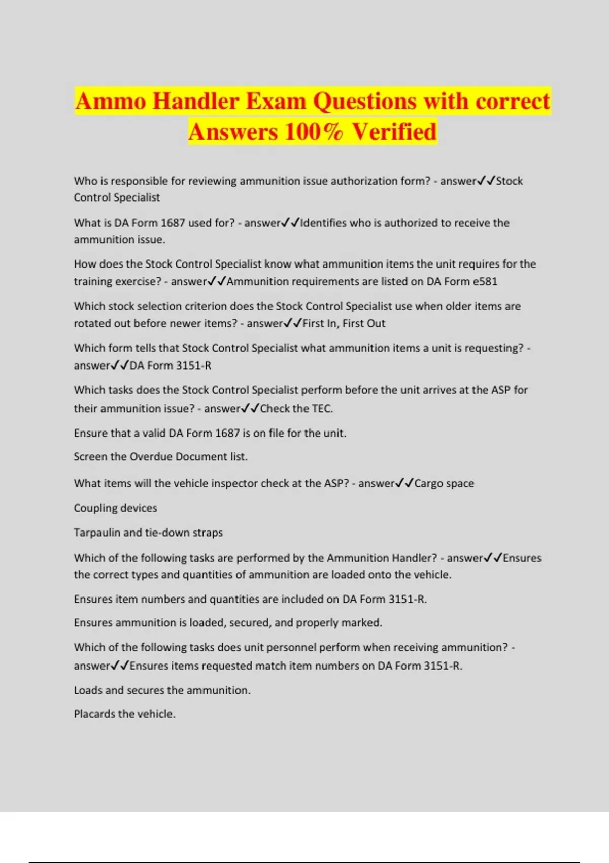 Ammo Handler Exam Questions with correct Answers 100% Verified - Ammo ...