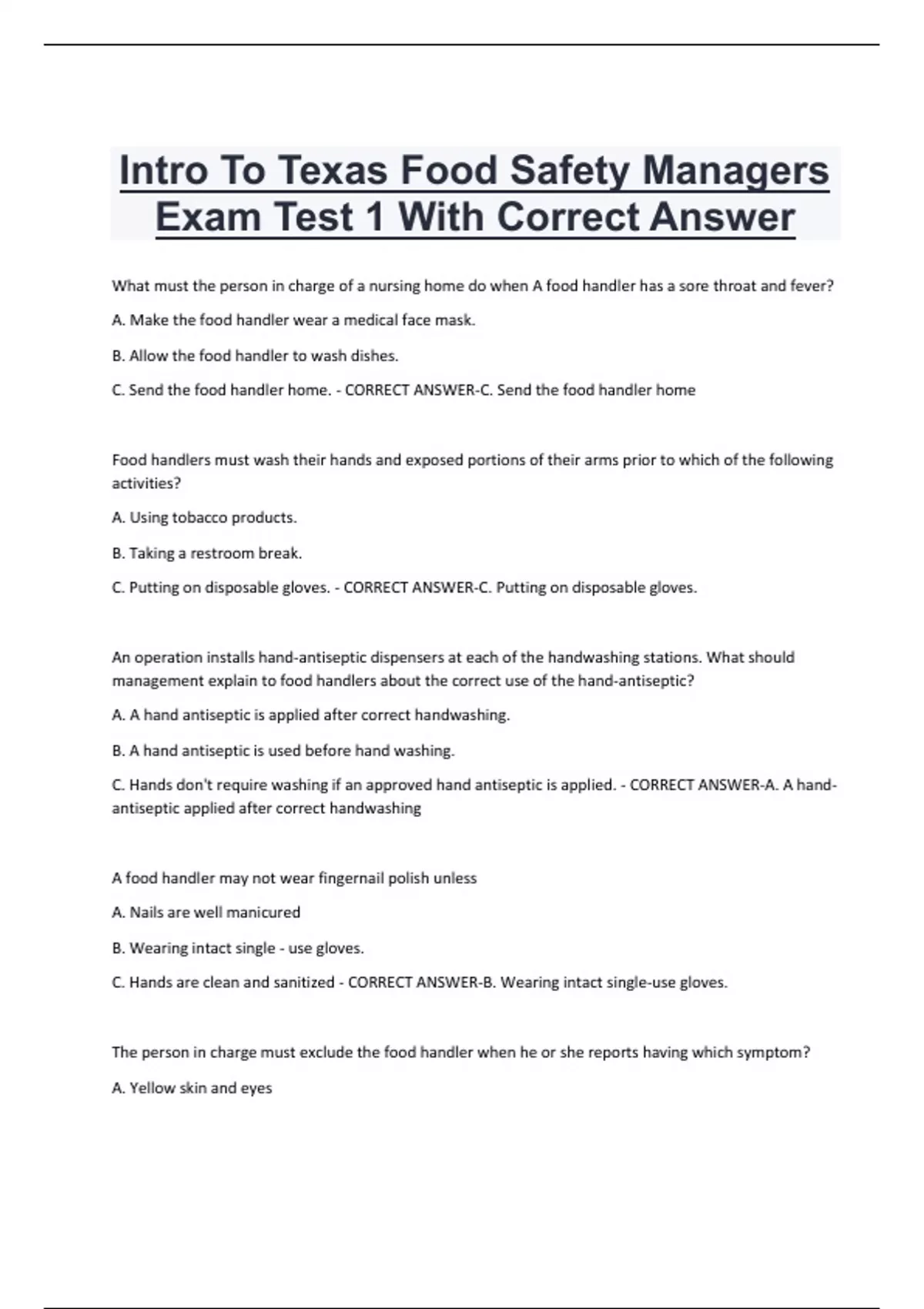Intro To Texas Food Safety Managers Exam Test 1 With Correct Answer ...