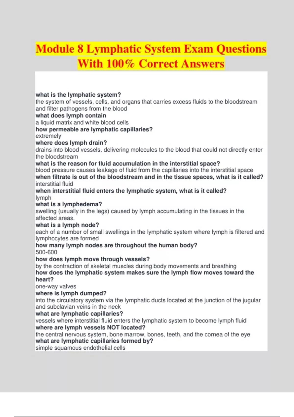 Module 8 Lymphatic System Exam Questions With 100% Correct Answers ...