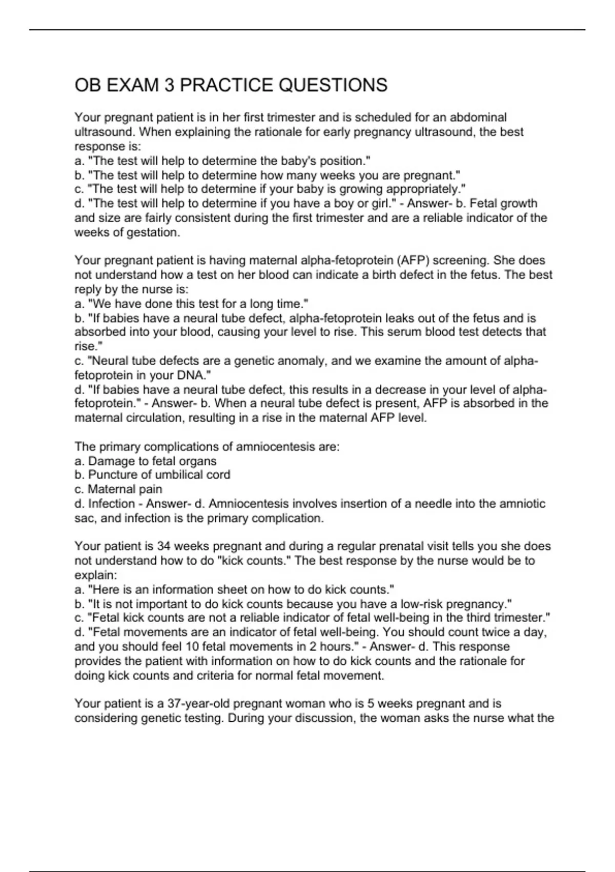 OB EXAM 3 PRACTICE QUESTIONS - OB . - Stuvia US