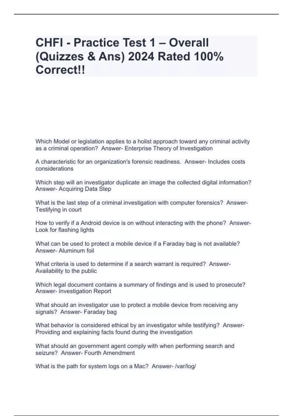 CHFI - Practice Test 1 – Overall (Quizzes & Ans) 2024 Rated 100% ...