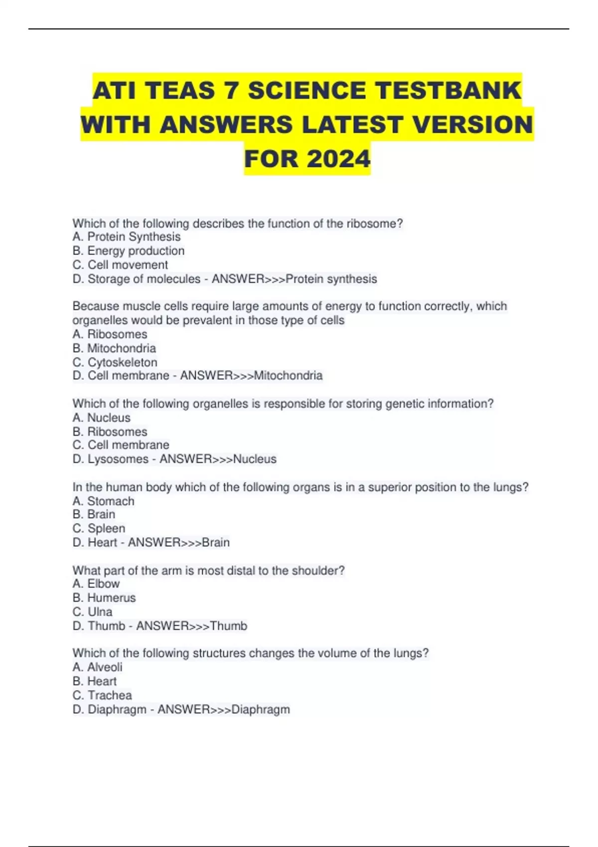 ATI TEAS 7 SCIENCE TESTBANK WITH ANSWERS LATEST VERSION FOR 2024 - ATI ...