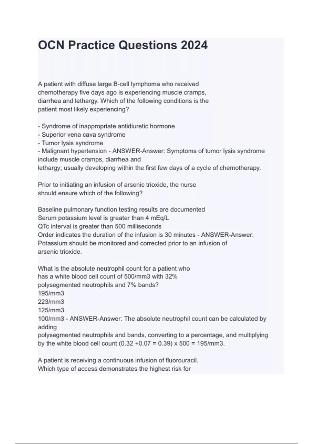 OCN Practice Questions 2024 with complete solution - OCN Practice Quetins 2024 - Stuvia US