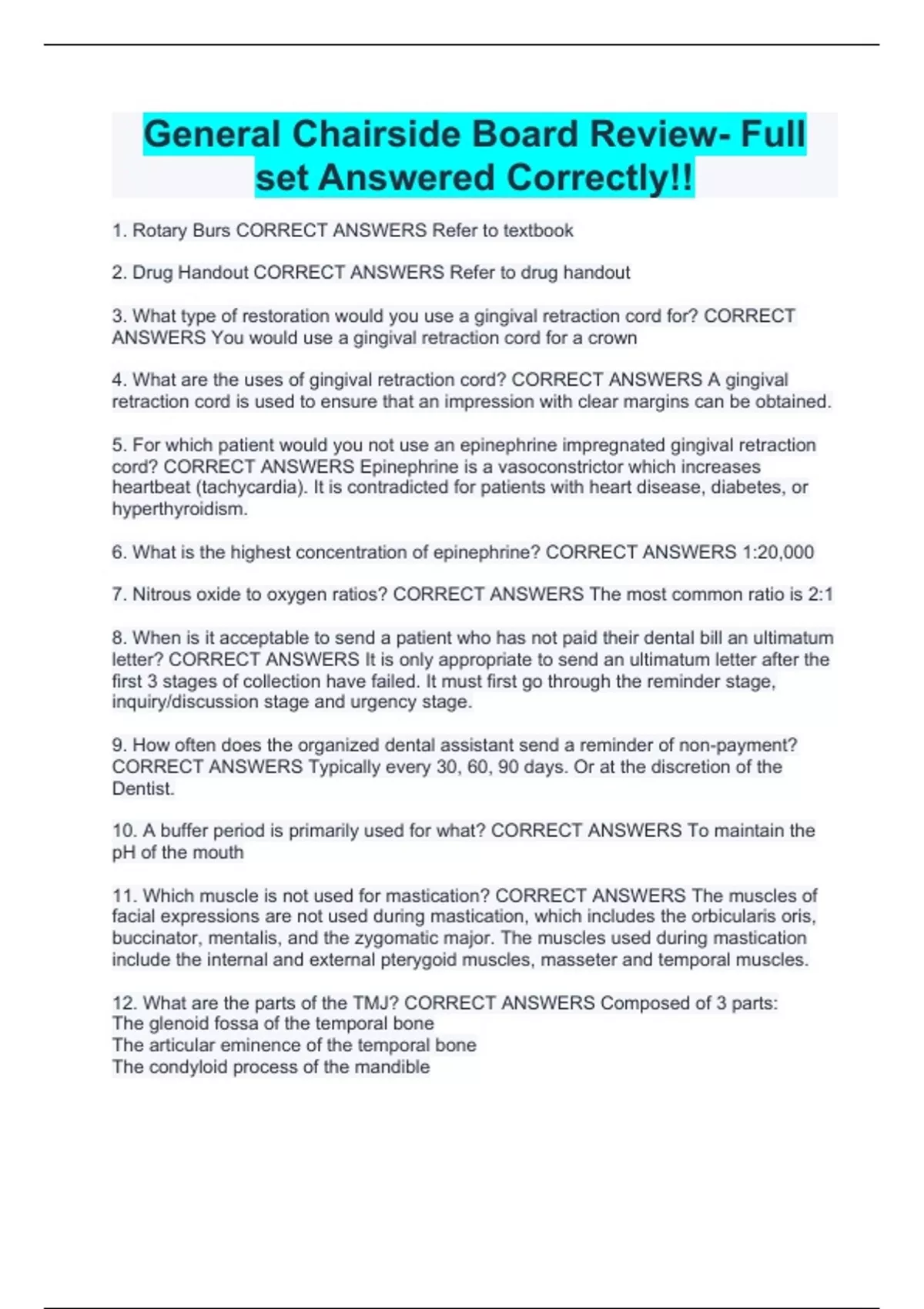 General Chairside Board Review- Full set Answered Correctly!! - General ...