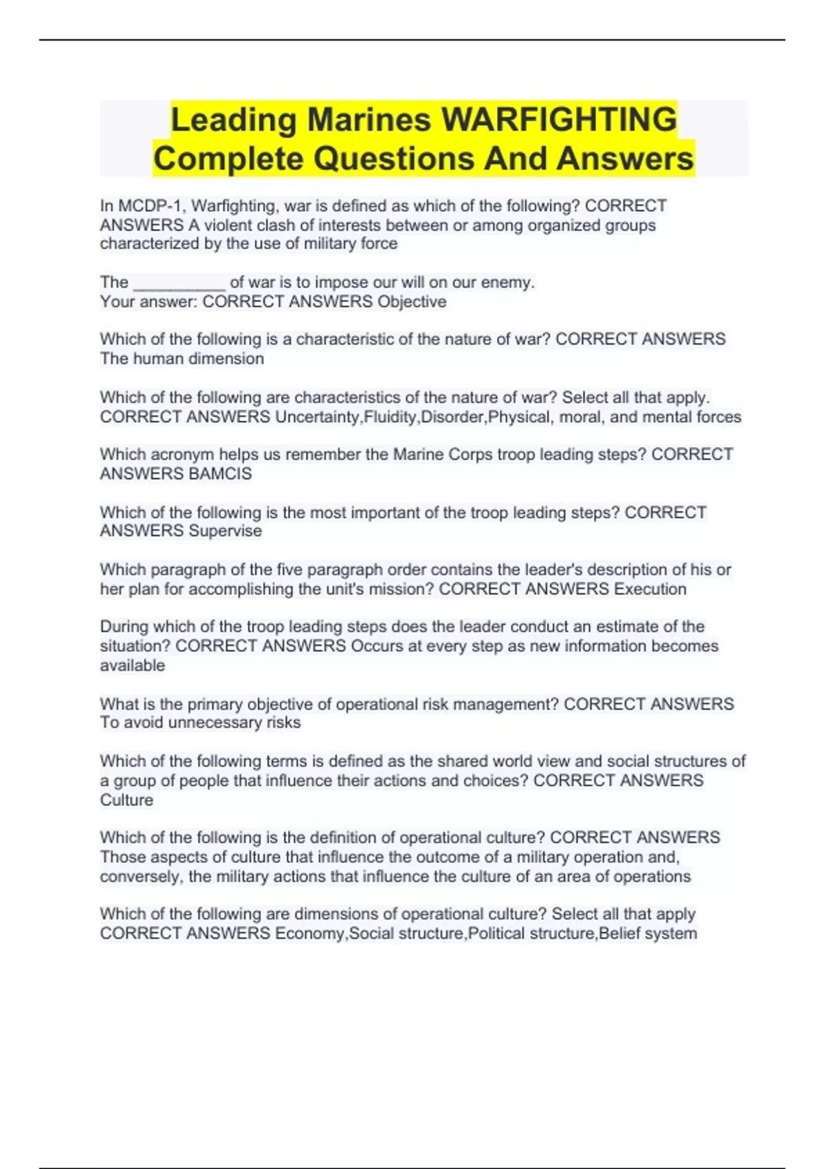 Leading Marines WARFIGHTING Complete Questions And Answers ...