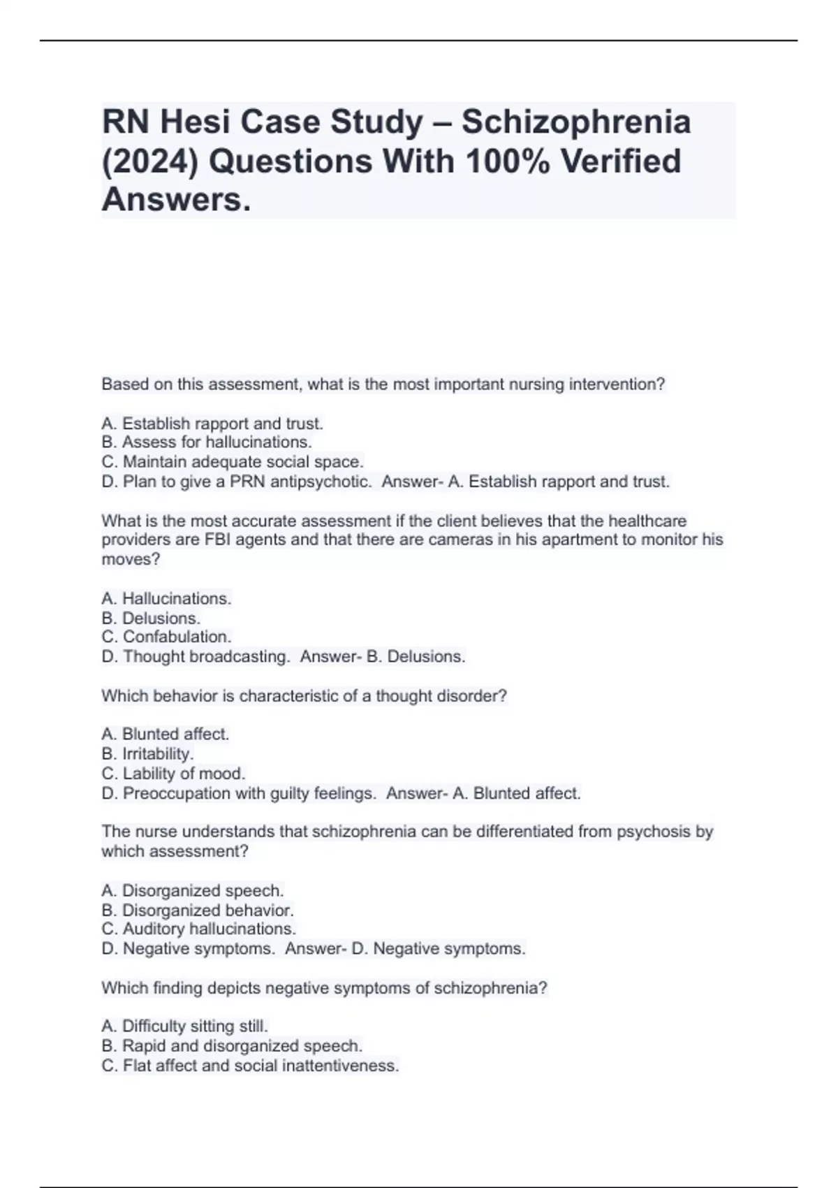 RN Hesi Case Study – Schizophrenia (2024) Questions With 100% Verified ...