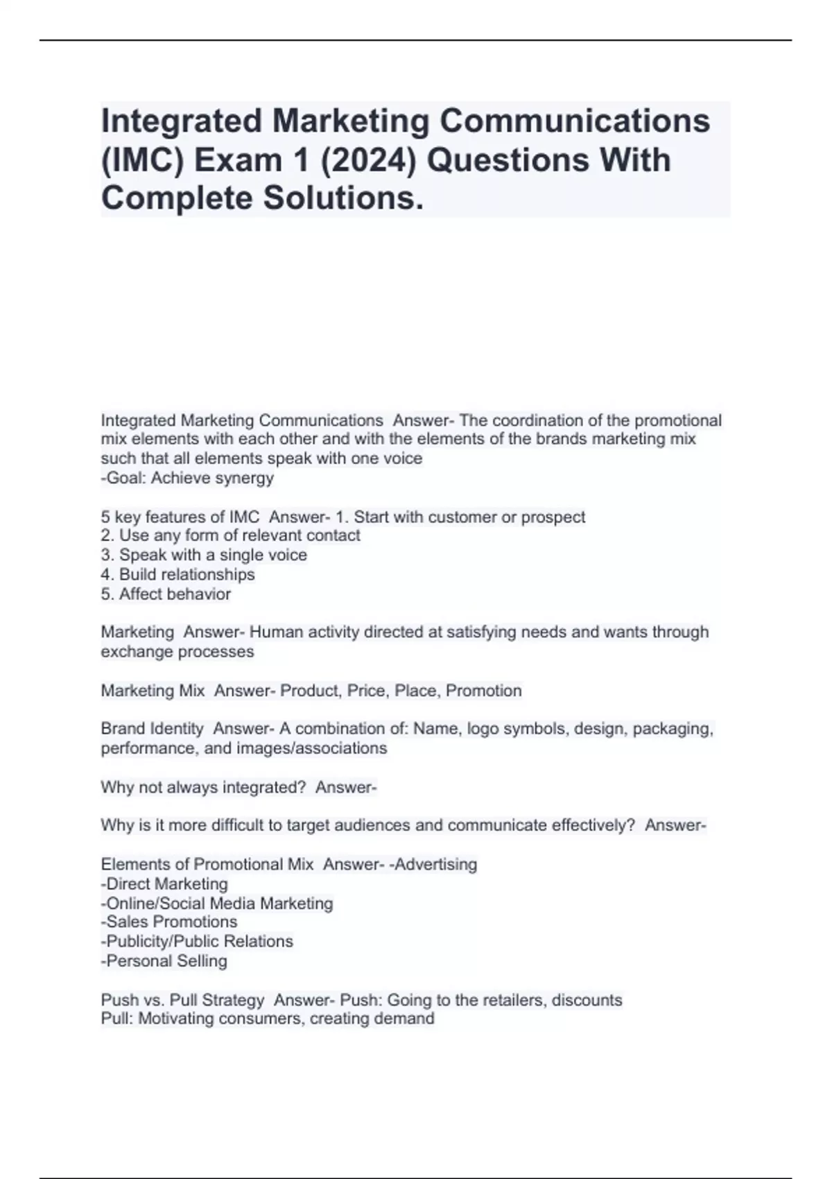 Integrated Marketing Communications (IMC) Exam 1 (2024) Questions With ...
