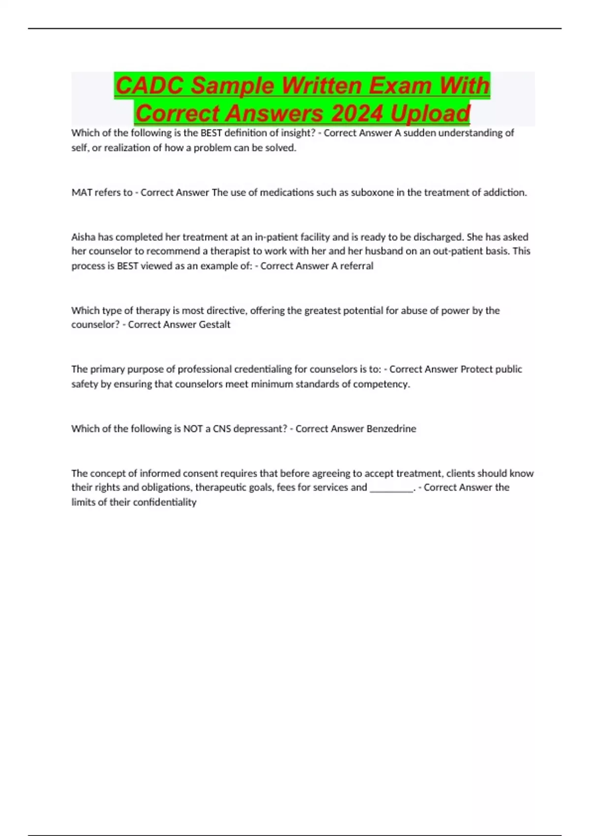 CADC Sample Written Exam With Correct Answers 2024 Upload - CADC ...