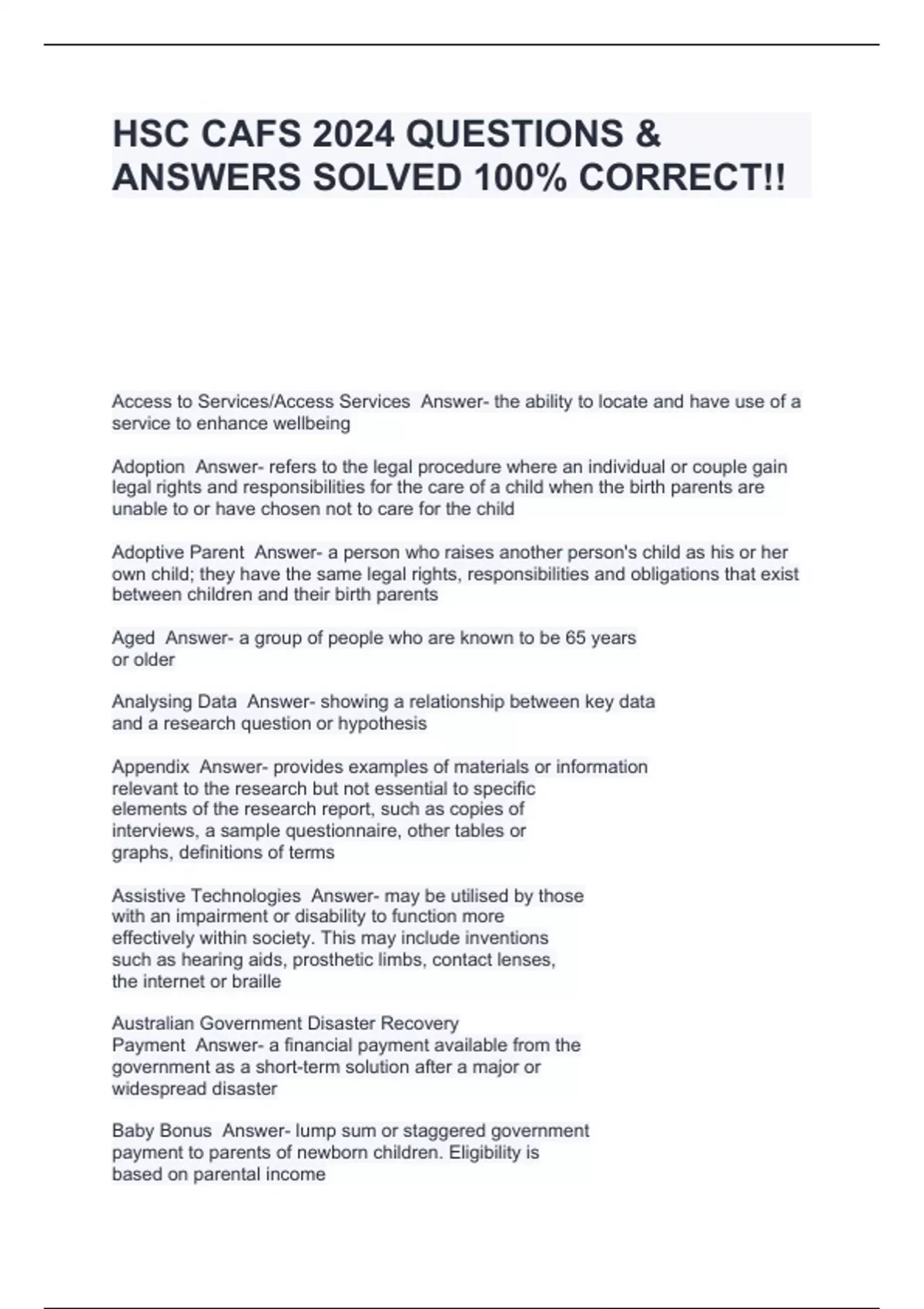 HSC CAFS 2024 QUESTIONS & ANSWERS SOLVED 100% CORRECT!! - CAFS - Stuvia US