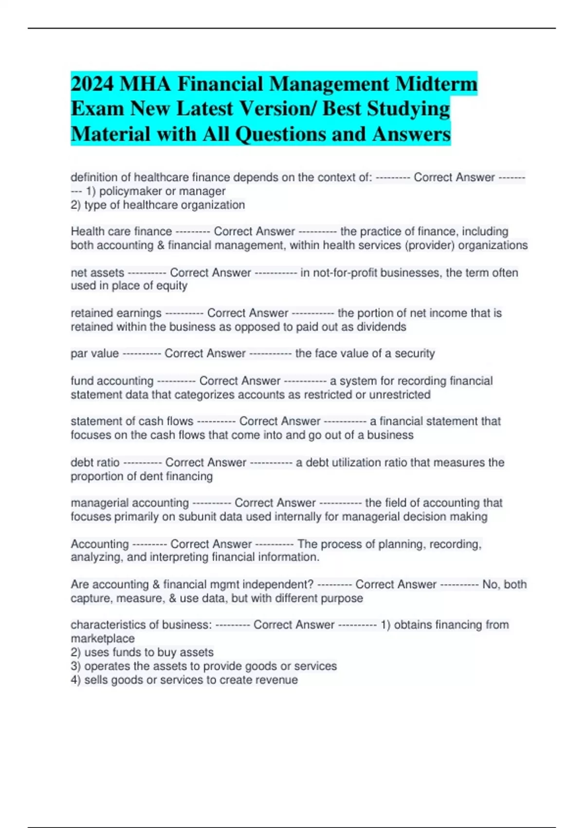 2024 MHA Financial Management Midterm Exam New Latest Version/ Best ...