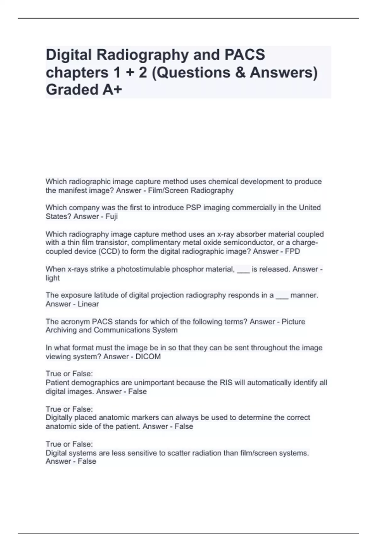 Digital Radiography and PACS chapters 1 + 2 (Questions & Answers ...