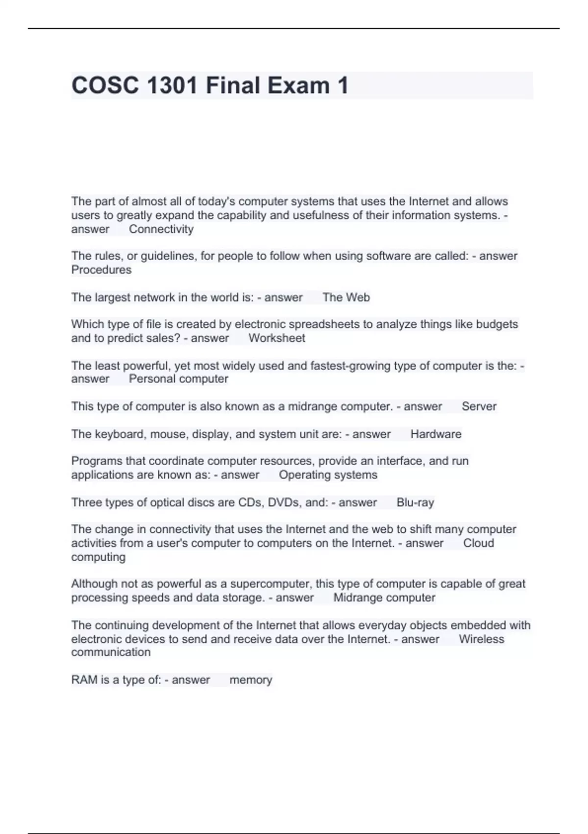 COSC 1301 Final Exam 1 Questions with correct Answers 2024 - COSC - Stuvia US