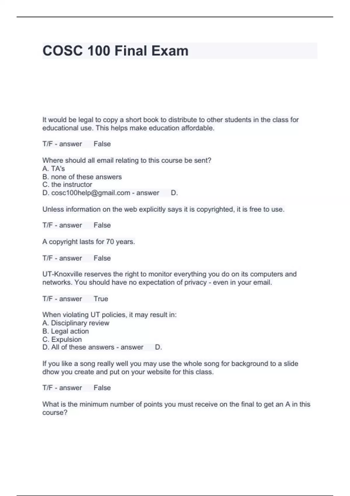 COSC 100 Final Exam Questions with complete Answers 2024 - COSC - Stuvia US