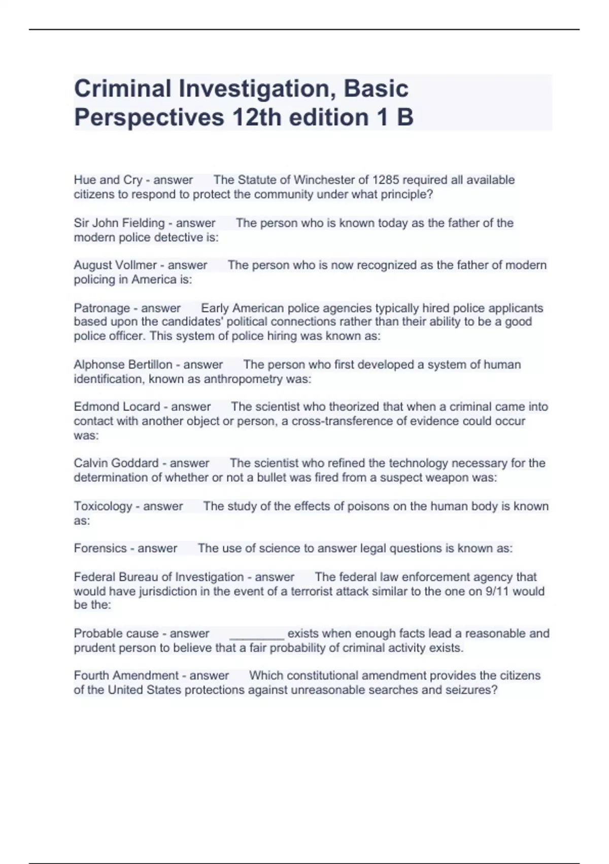 Criminal Investigation, Basic Perspectives 12th edition 1 B Questions ...