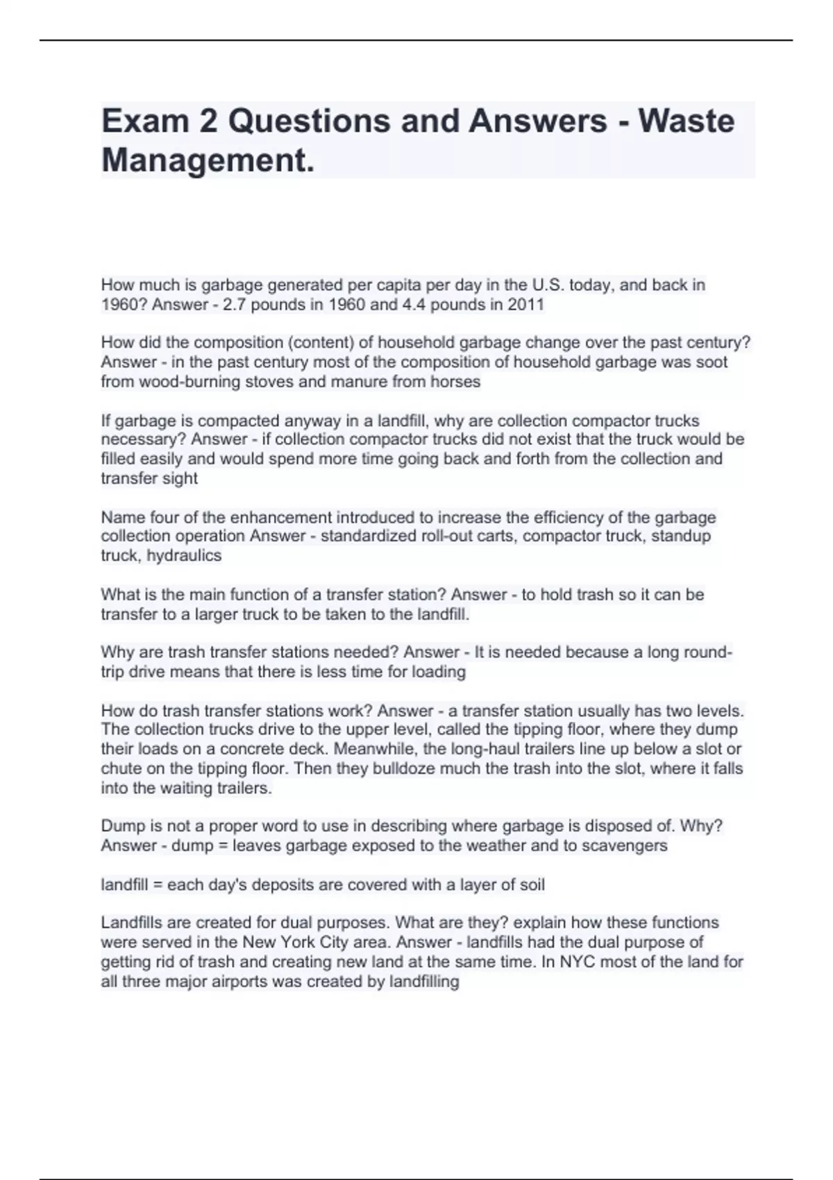 Exam 2 Questions and Answers - Waste Management - WASTE MANAGEMENT ...