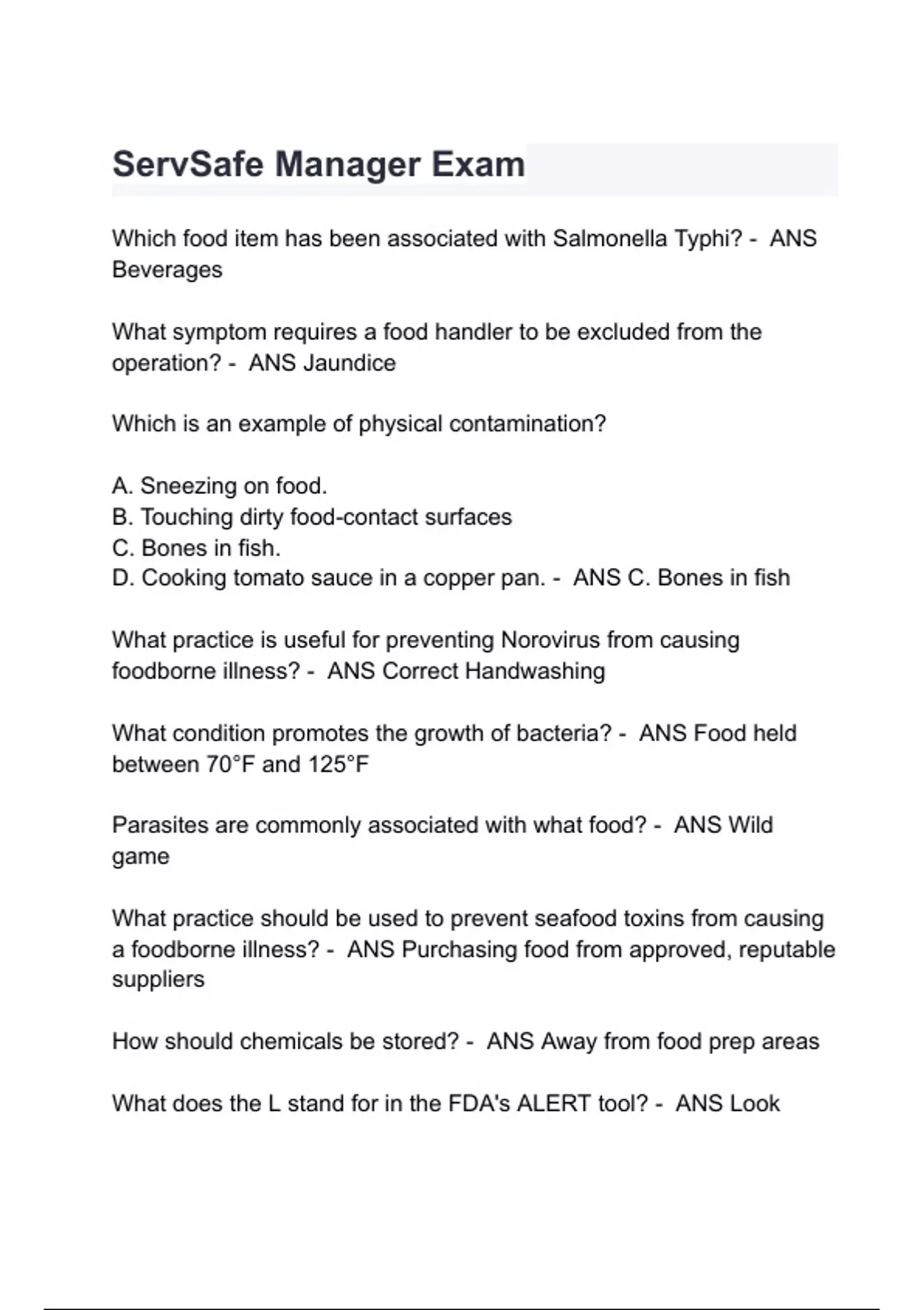 Servsafe Manager Exam Questions With Correct Answers 2024 2025 A Graded 100 Verified