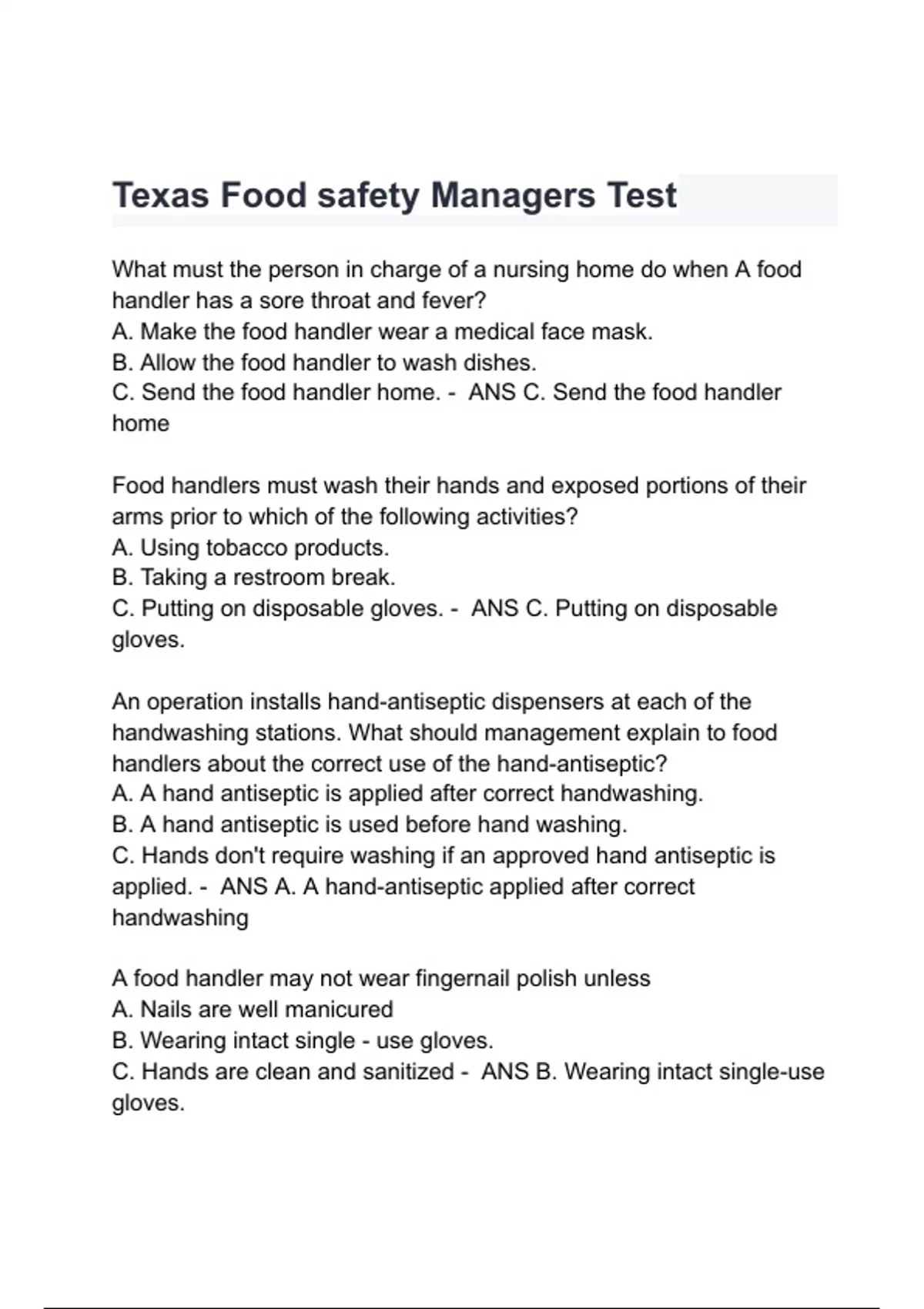Texas Food safety Managers Test Questions with correct Answers 2024/ ...