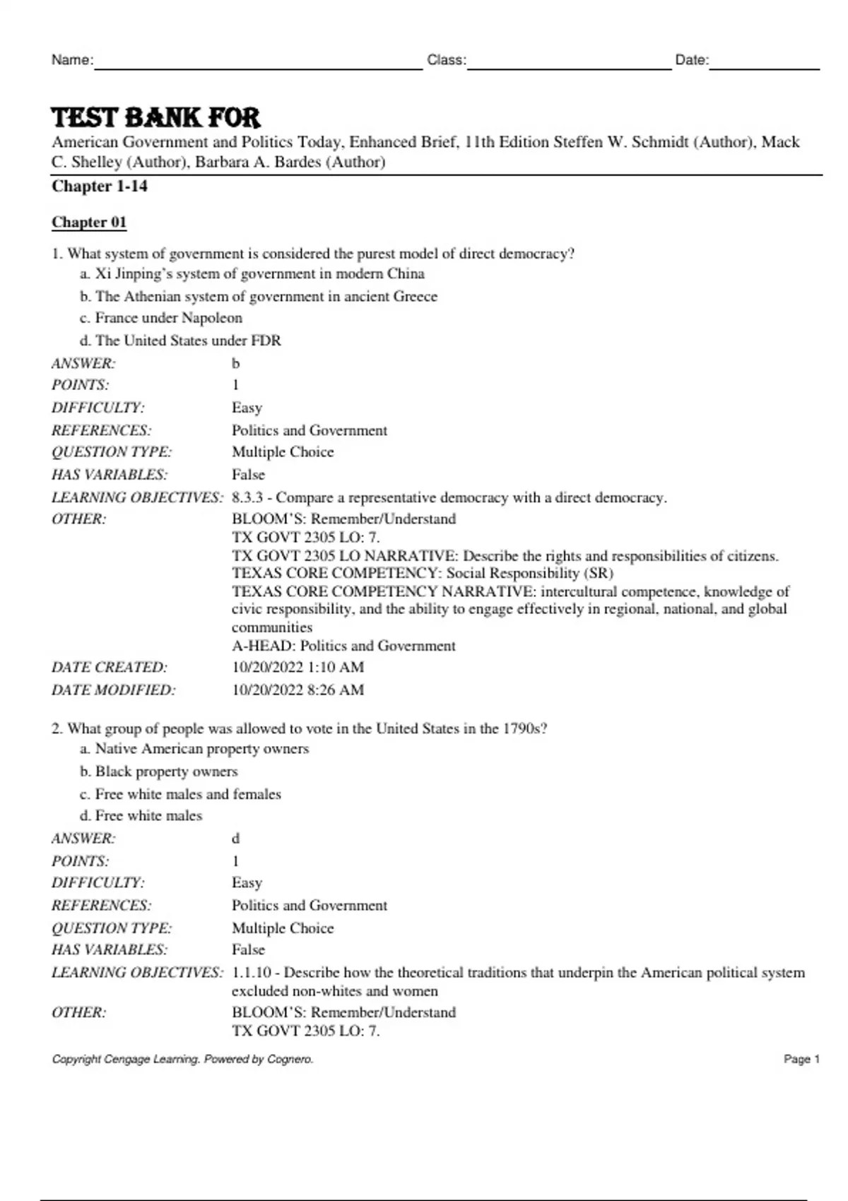 Test Bank For American Government and Politics Today, Enhanced Brief ...
