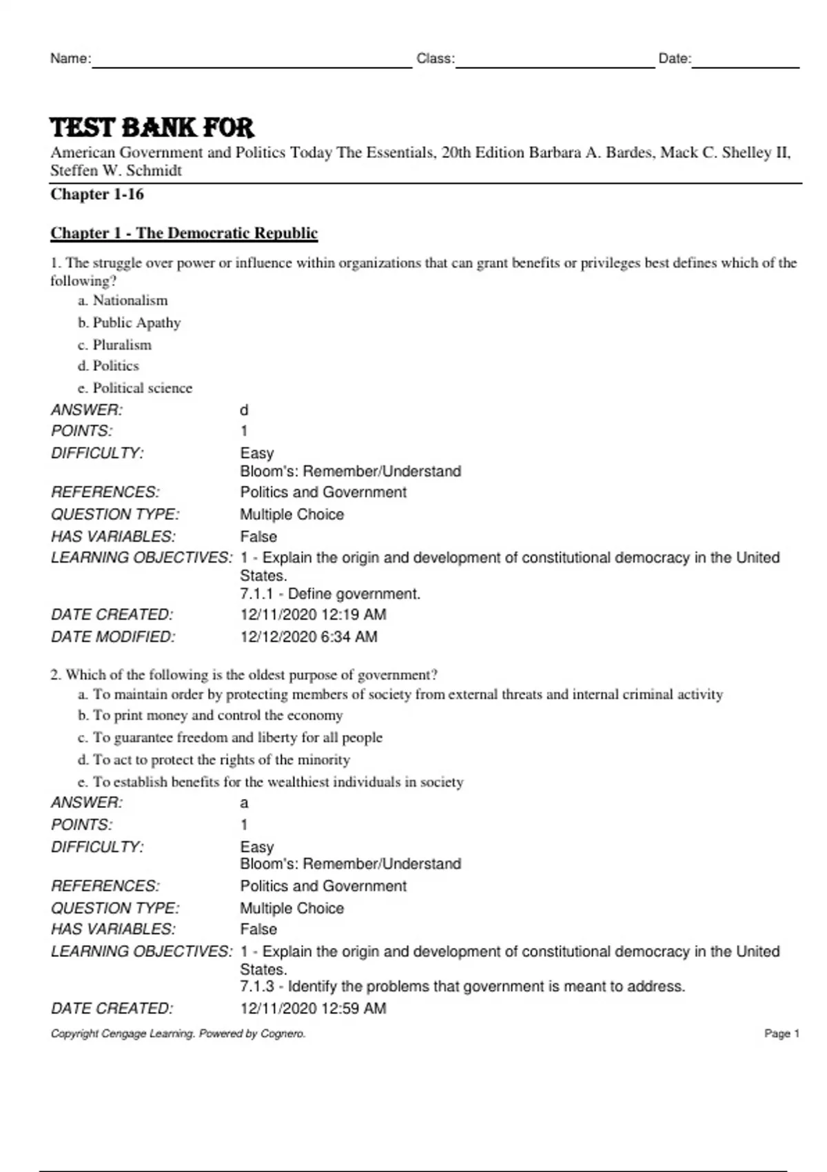 Test Bank For American Government and Politics Today The Essentials ...