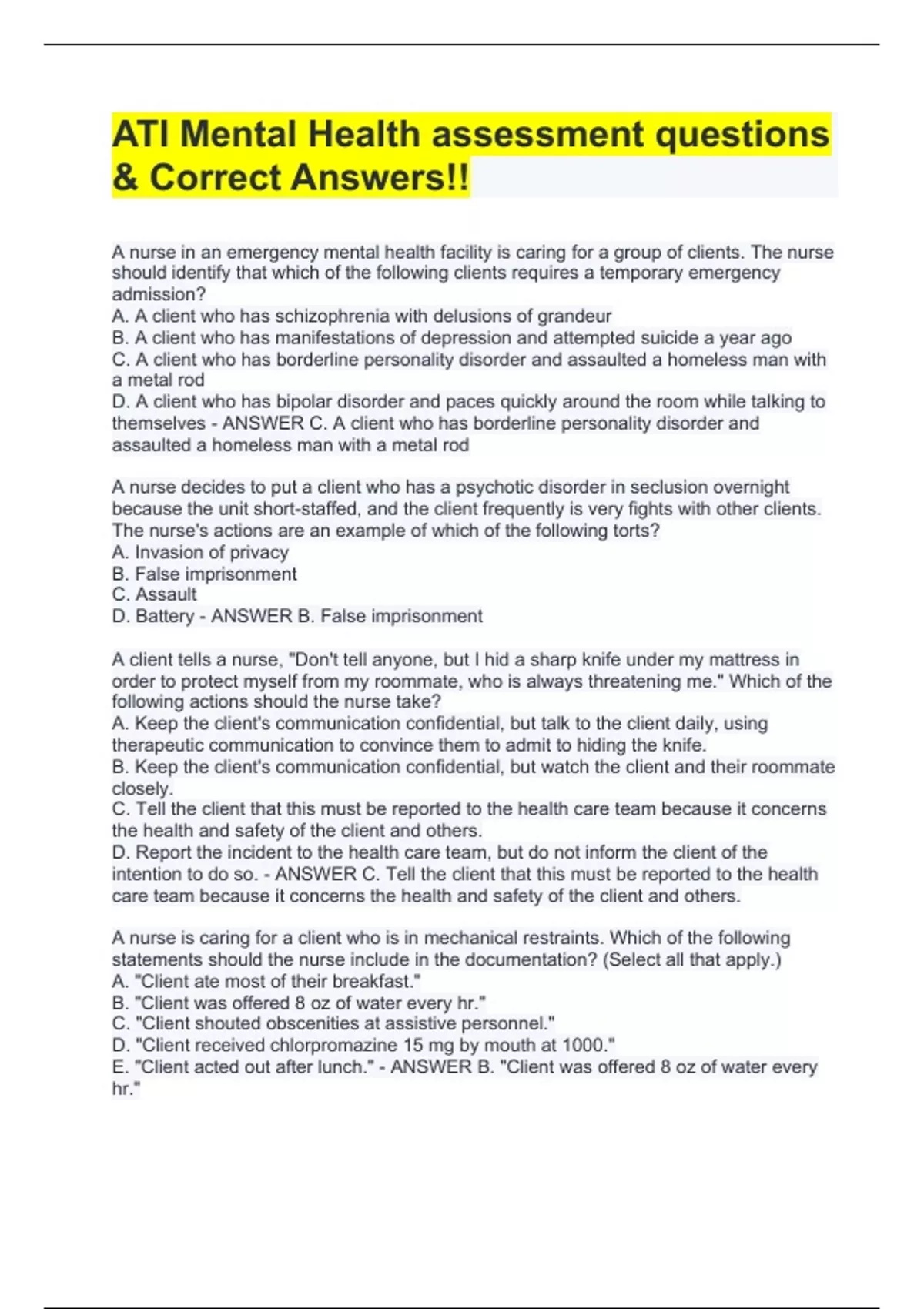 ATI Mental Health assessment questions & Correct Answers!! - Ati mental ...