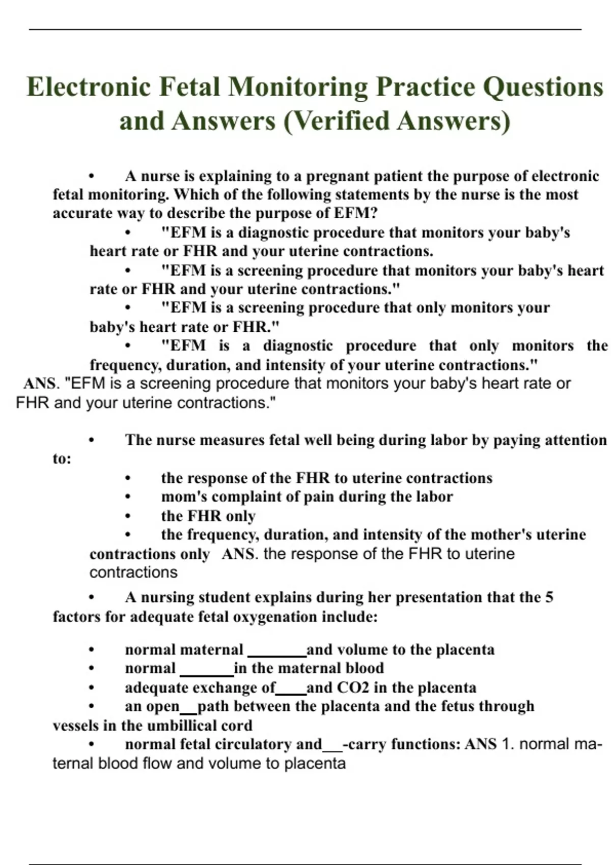 NCC Electronic Fetal Monitoring Practice Questions and Answers (2023 / 2024) (Verified Answers ...