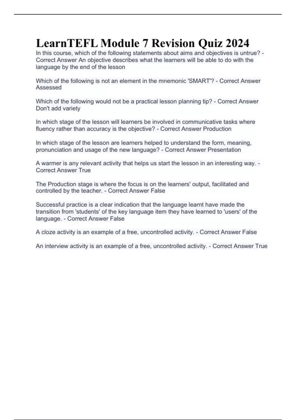 LearnTEFL Module 7 Revision Quiz 2024 - TEFL - Stuvia US
