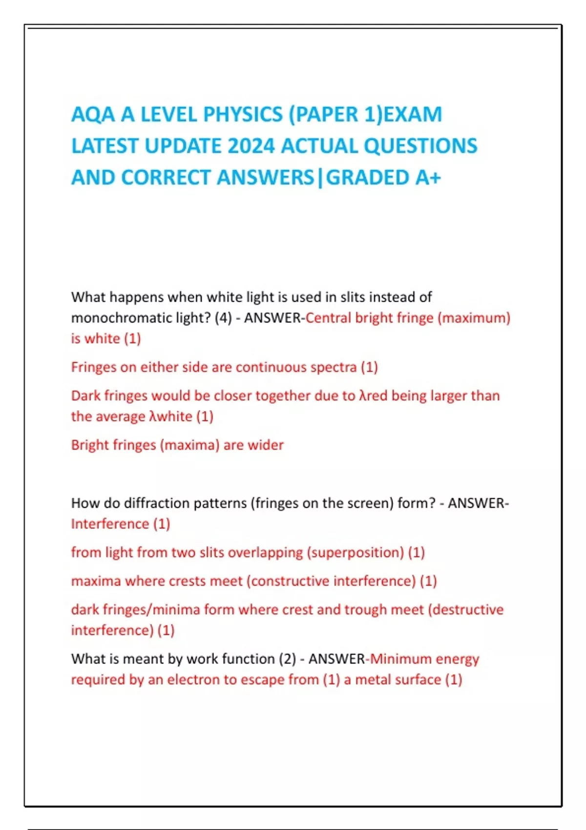 AQA A LEVEL PHYSICS (PAPER 1)EXAM LATEST UPDATE 2024 ACTUAL QUESTIONS ...
