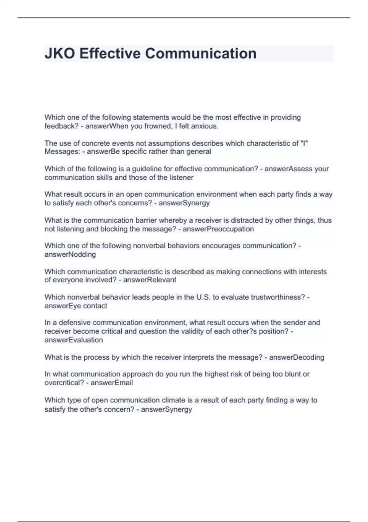 JKO Effective Communication Questions with correct Answers 2024 - Jko ...