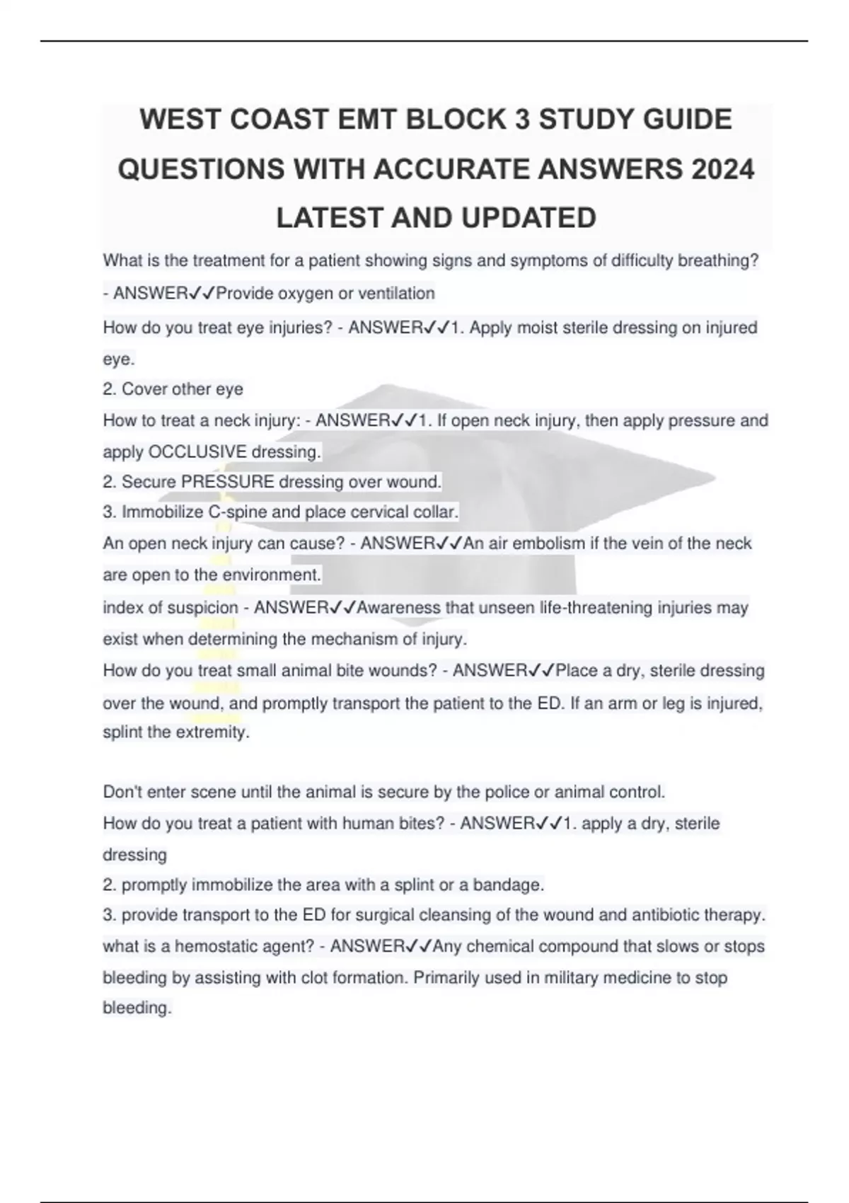 WEST COAST EMT BLOCK EXAM 1 QUESTIONS WITH ACCURATE ANSWERS 2023 LATEST ...