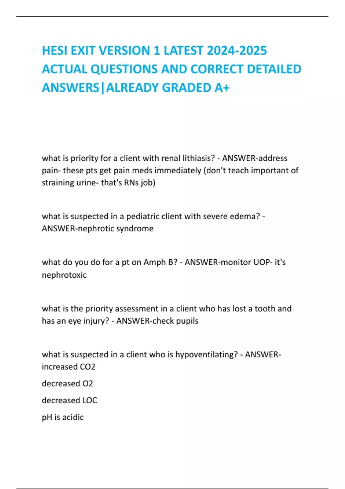 HESI EXIT VERSION 1 LATEST ACTUAL QUESTIONS AND CORRECT DETAILED ...