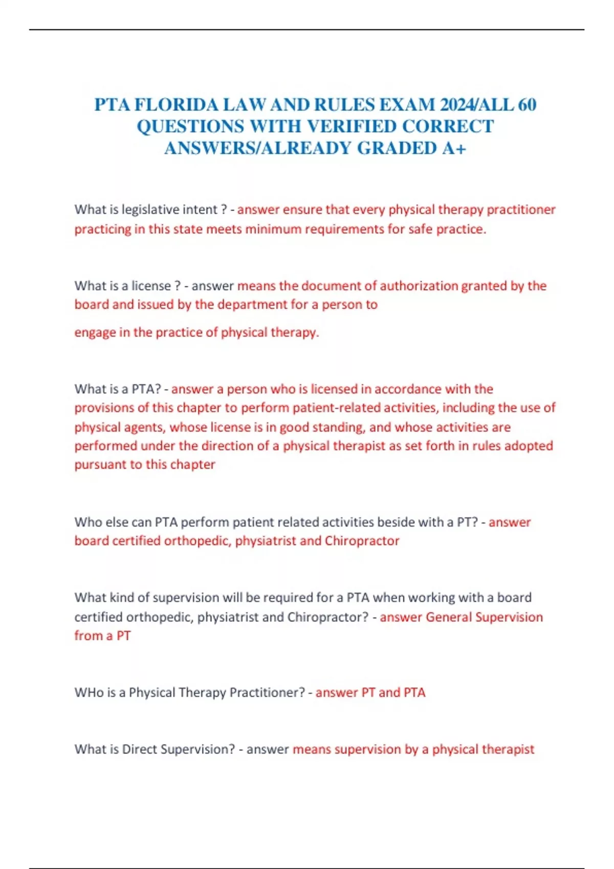 PTA FLORIDA LAW AND RULES EXAM 2024/ALL 60 QUESTIONS WITH VERIFIED CORRECT ANSWERS/ALREADY ...