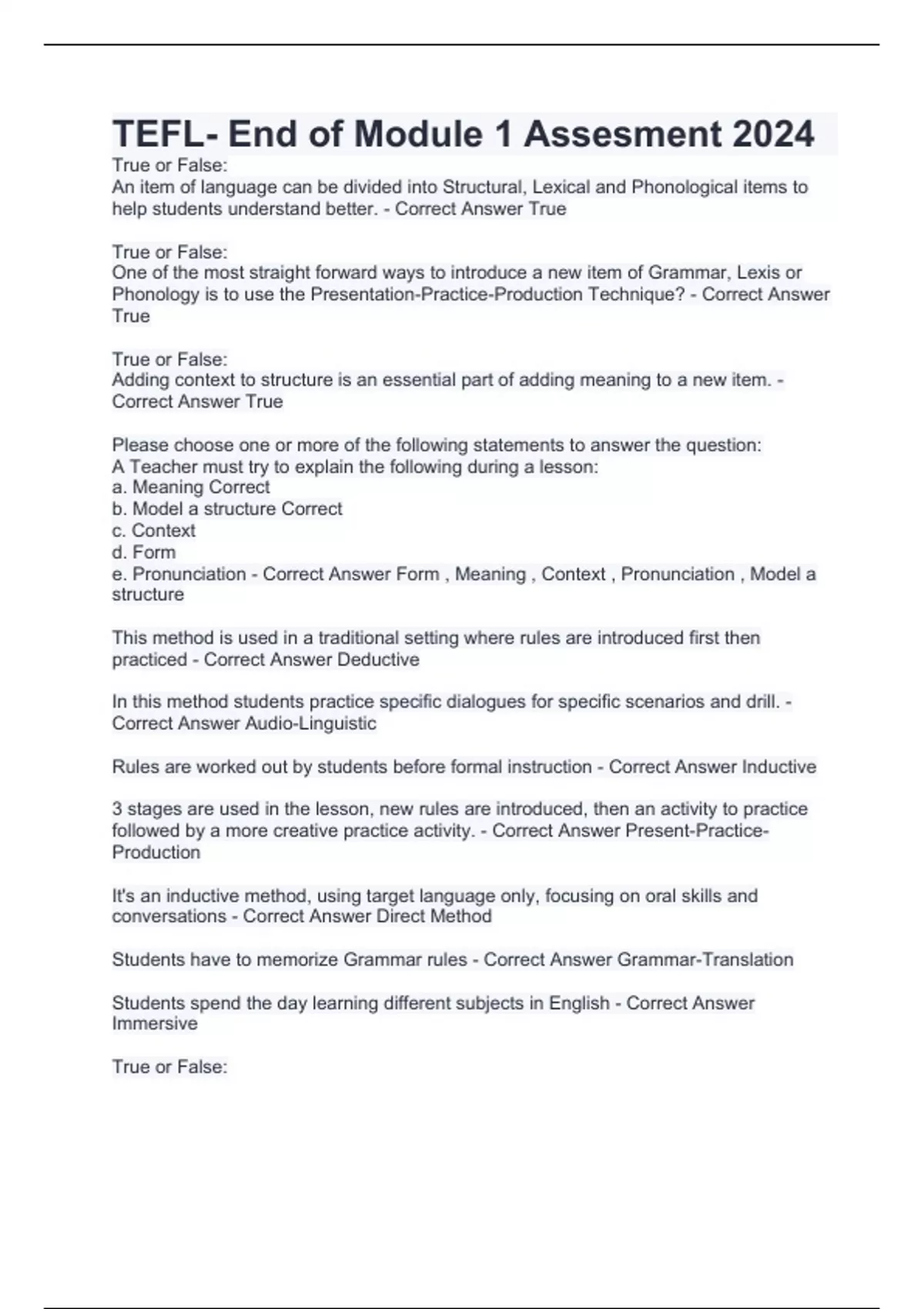 TEFL- End of Module 1 Assesment 2024 - TEFL - Stuvia US