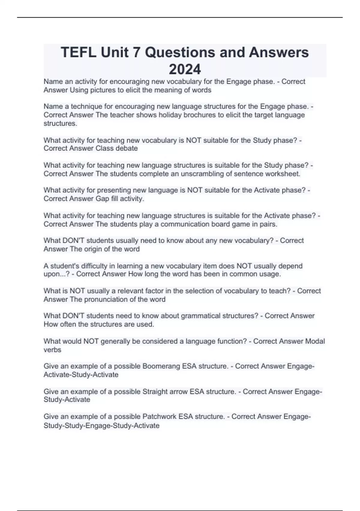 TEFL Unit 7 Questions and Answers 2024 - TEFL - Stuvia US