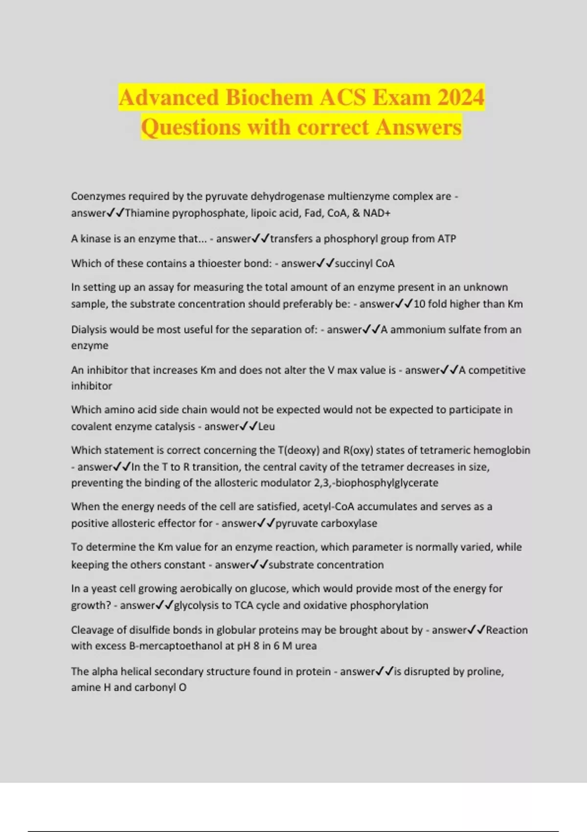 Advanced Biochem ACS Exam 2024 Questions with correct Answers ...