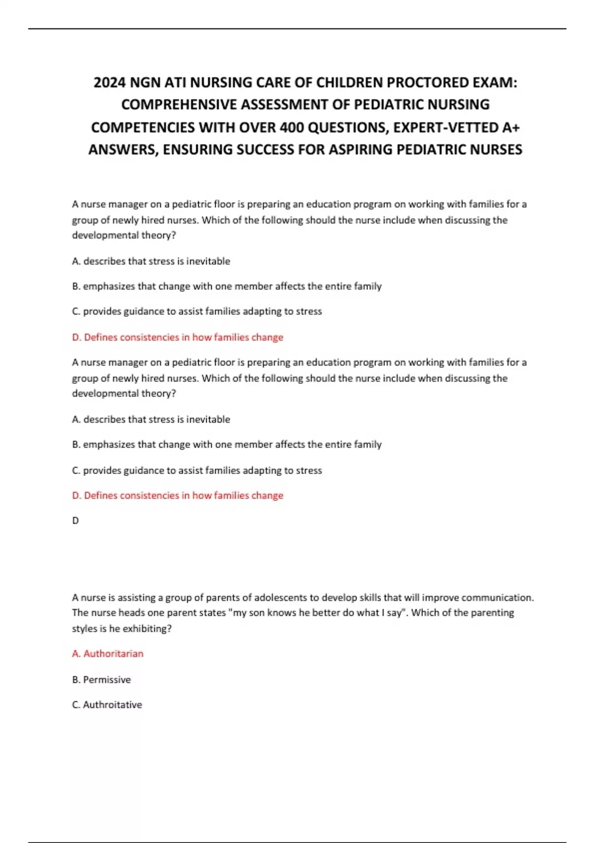 2024 NGN ATI NURSING CARE OF CHILDREN PROCTORED EXAM: COMPREHENSIVE ...