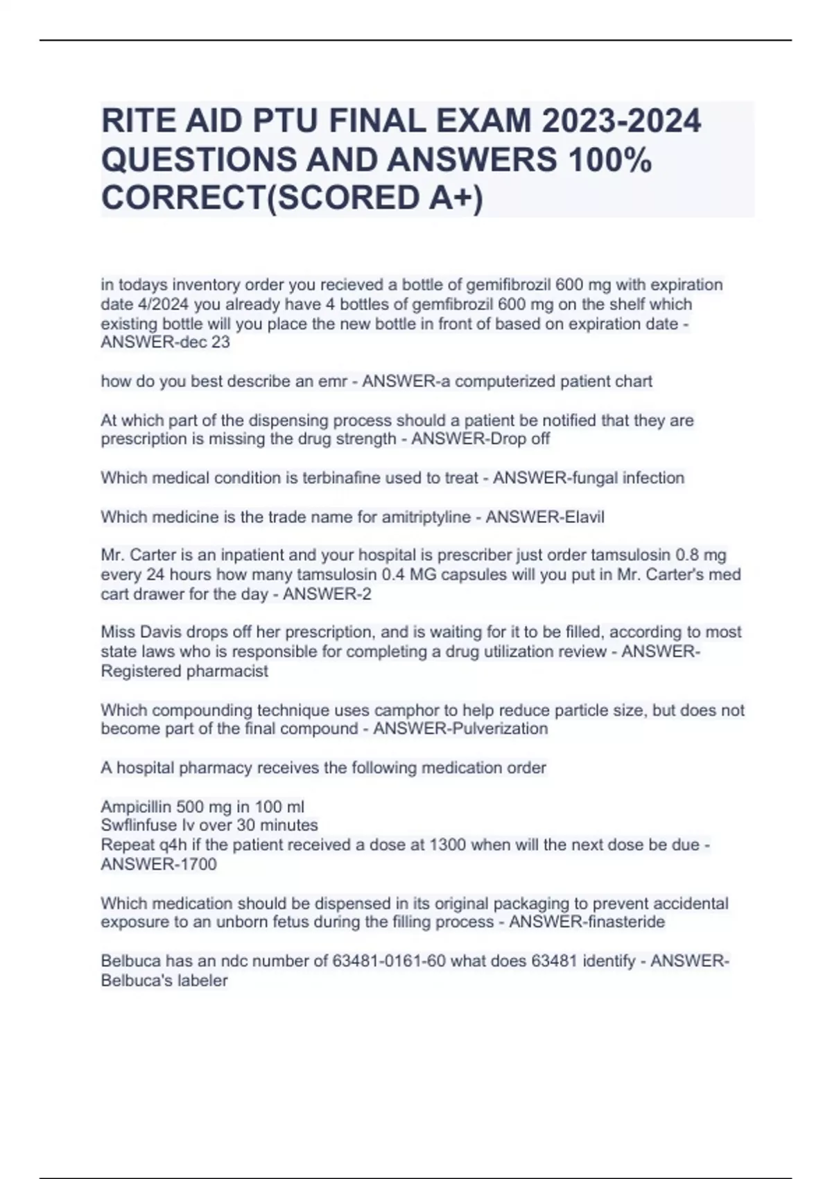 RITE AID PTU FINAL EXAM QUESTIONS AND ANSWERS 100% CORRECT(SCORED A+ ...