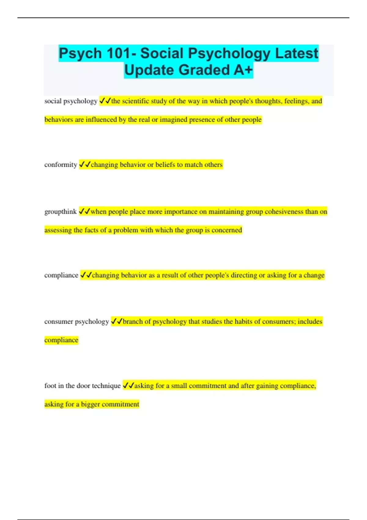 Psych 101- Social Psychology Latest Update Graded A+ - Psych 101 ...