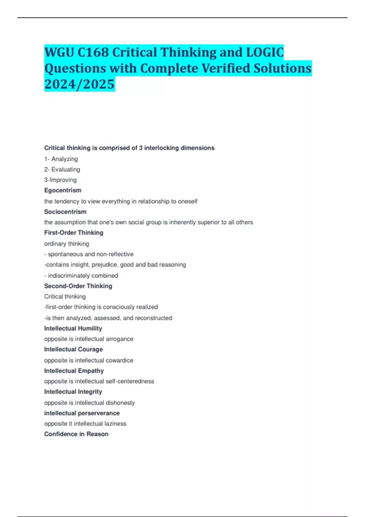WGU C168 Critical Thinking and LOGIC Questions with Complete Verified ...