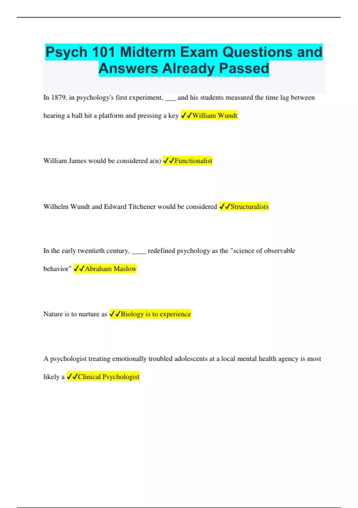 Psych 101 Midterm Exam Questions and Answers Already Passed - Psych 101 - Stuvia US
