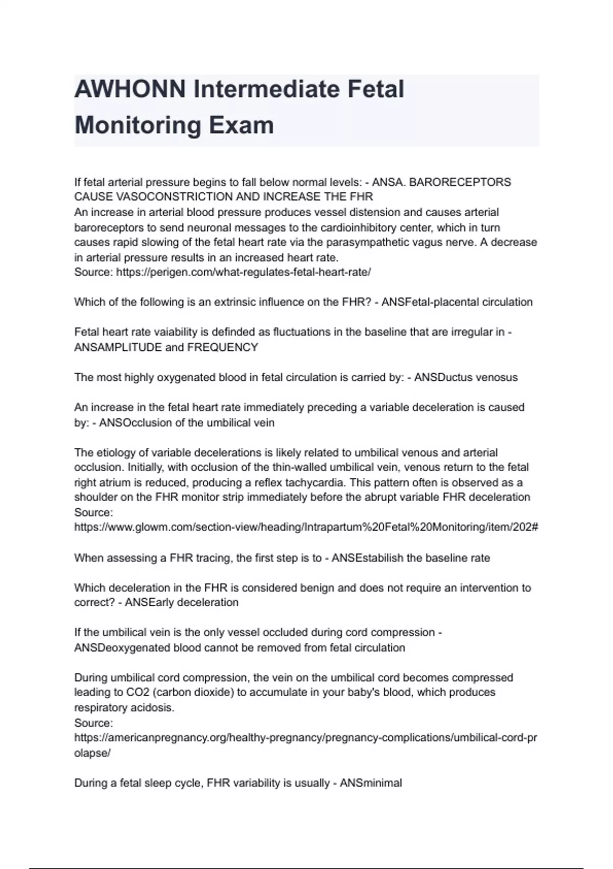 AWHONN Intermediate Fetal Monitoring Exam 2024/2025 graded A+ - AWHONN ...