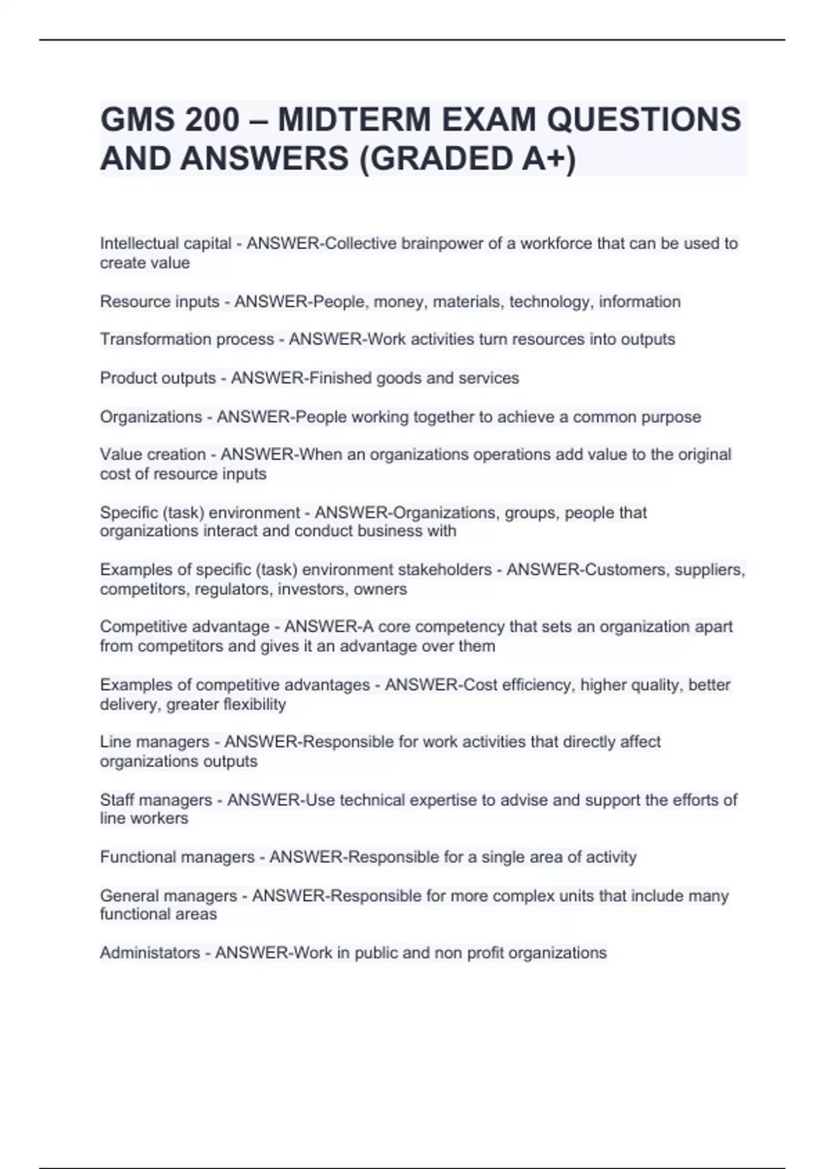 GMS 200 – MIDTERM EXAM QUESTIONS AND ANSWERS (GRADED A+) - GMS 200 – - Stuvia US