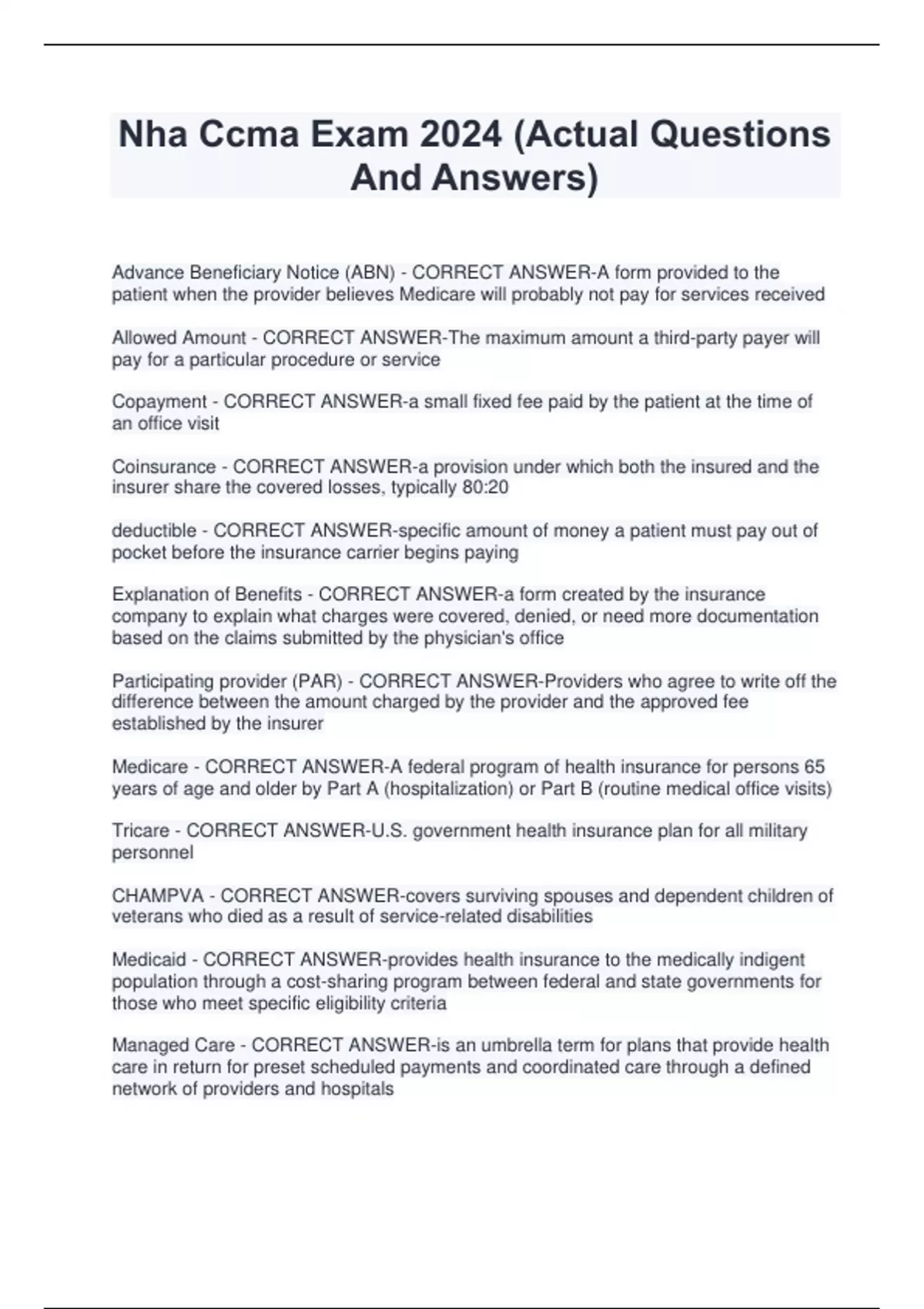 Nha Ccma Exam 2024 (Actual Questions And Answers) - Nha Ccma - Stuvia US