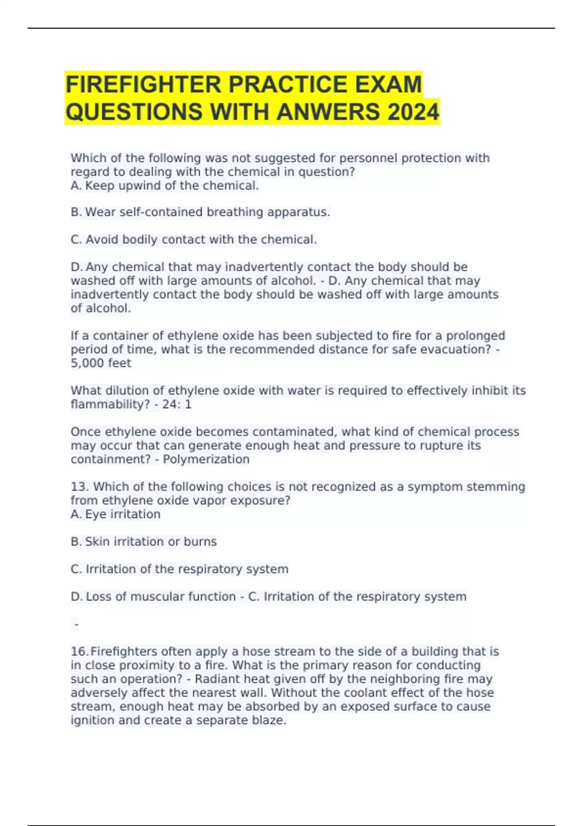 FIREFIGHTER PRACTICE EXAM QUESTIONS WITH ANWERS 2024 - FIREFIGERS 20 - Stuvia US