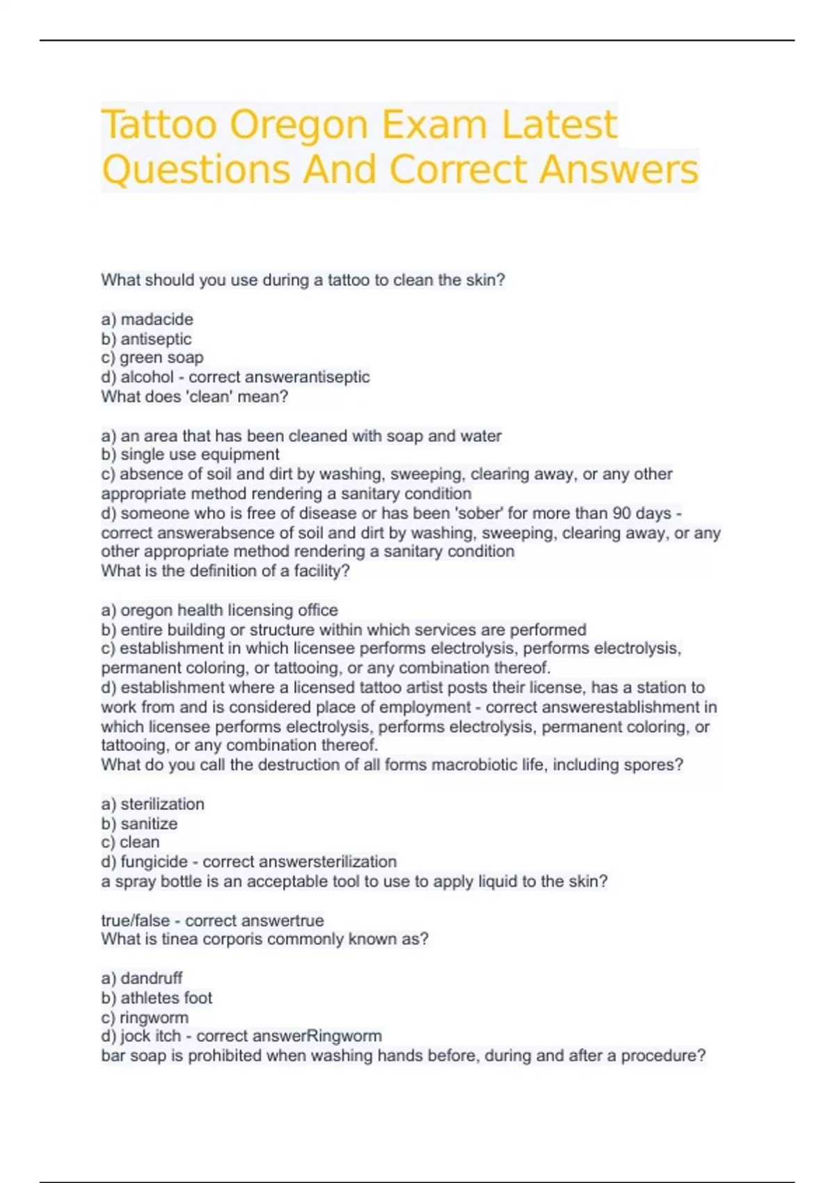 Tattoo Oregon Exam Latest Questions And Correct Answers - Tattoo Oregon ...