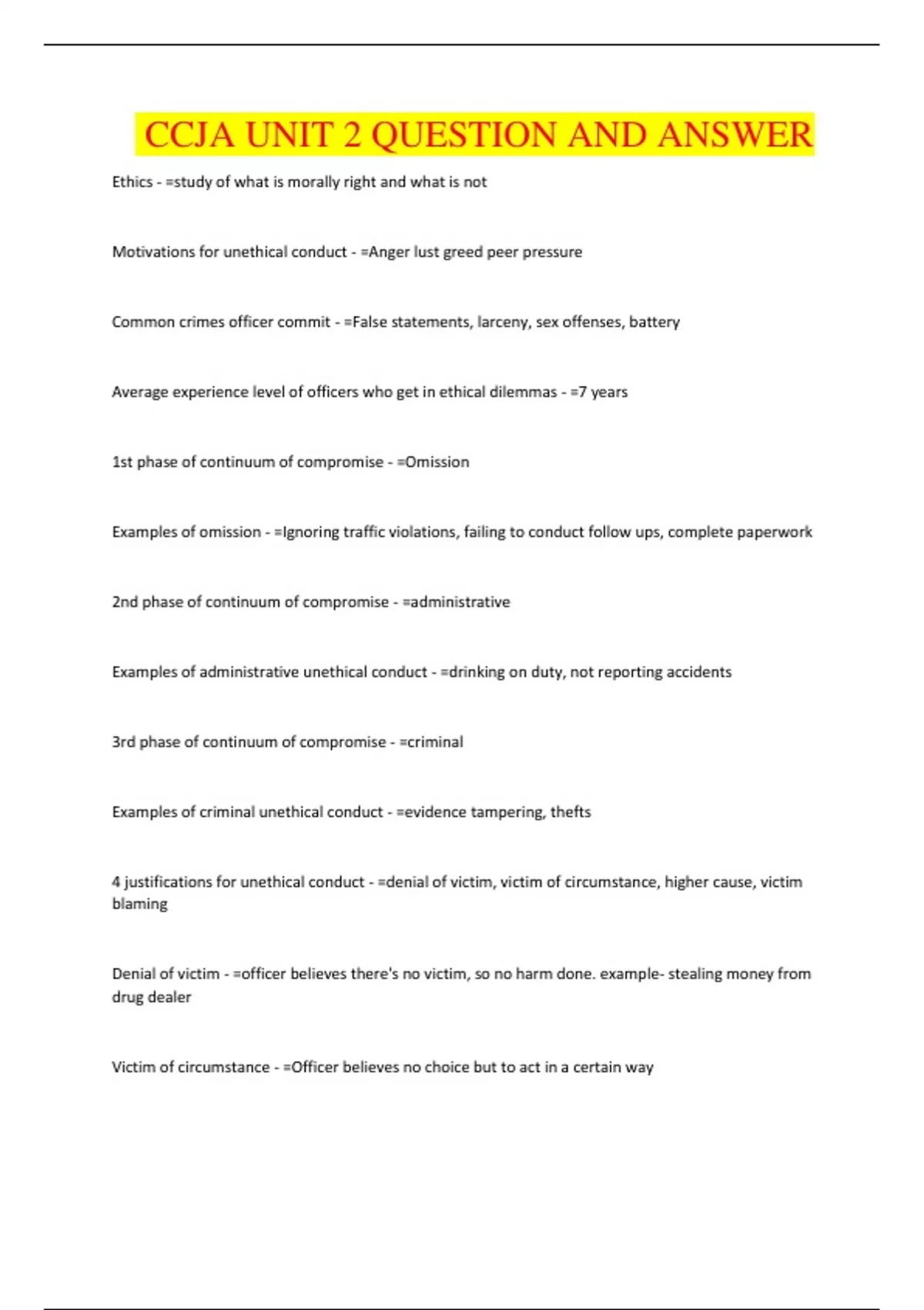 CCJA UNIT 2 QUESTION AND ANSWER - CCJA - Stuvia US