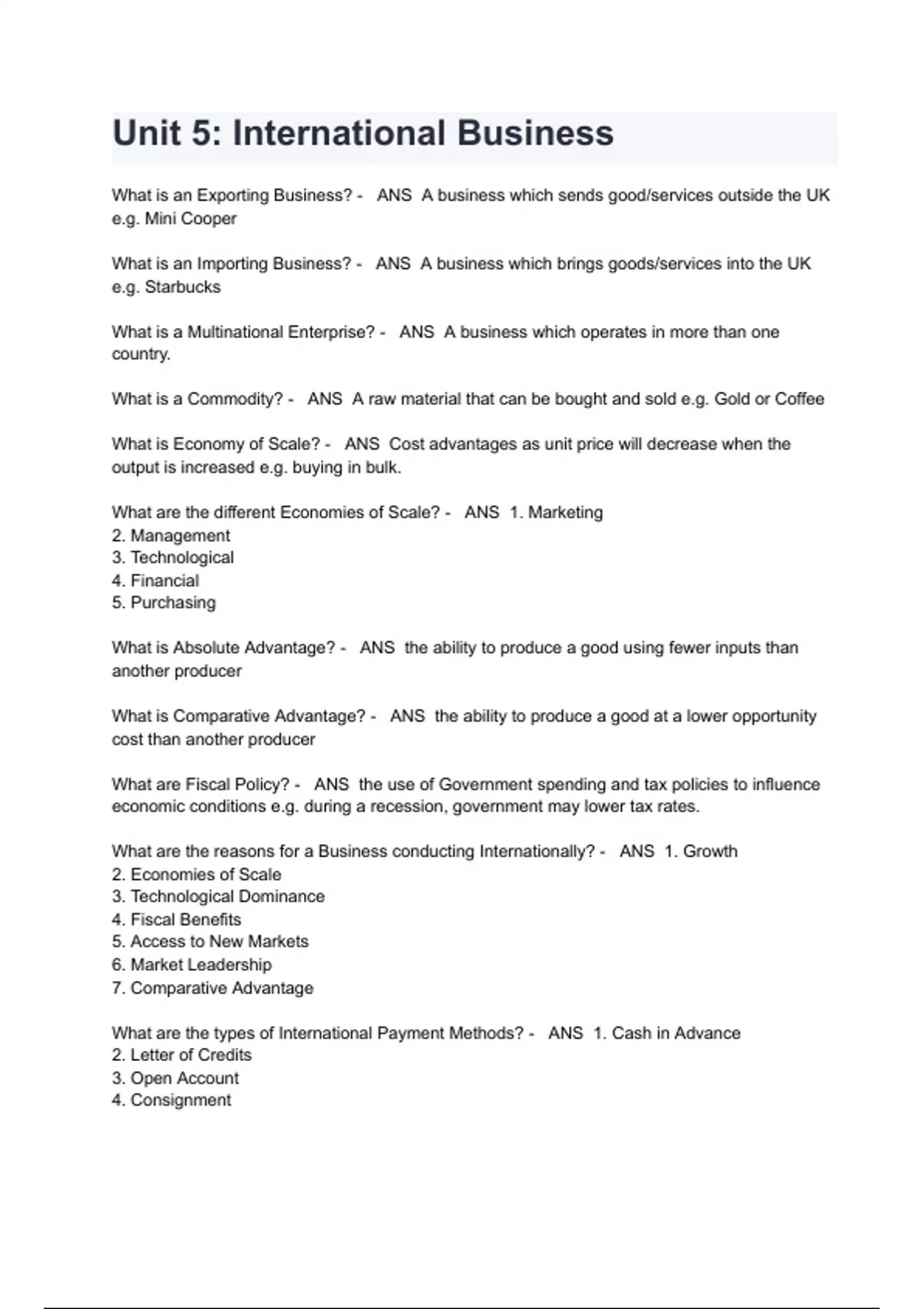 Unit 5: International Business 2024 - Unit 5: International Business ...