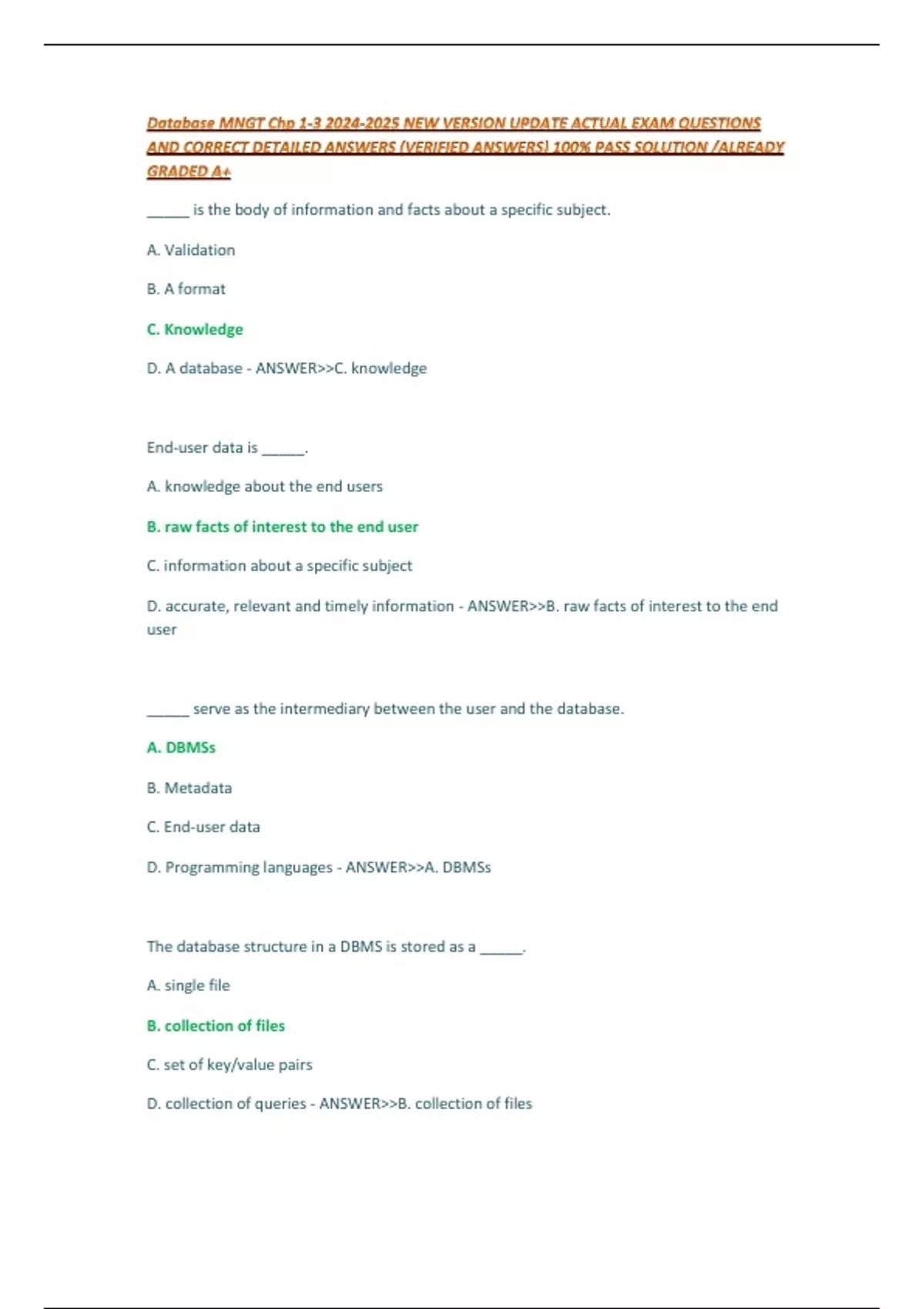 Database MNGT Chp NEW VERSION UPDATE ACTUAL EXAM QUESTIONS AND CORRECT ...