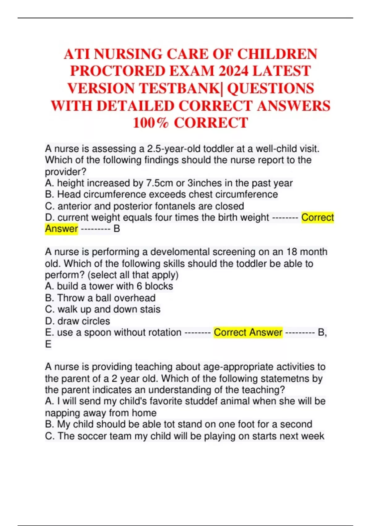 ATI NURSING CARE OF CHILDREN PROCTORED EXAM 2024 LATEST VERSION ...